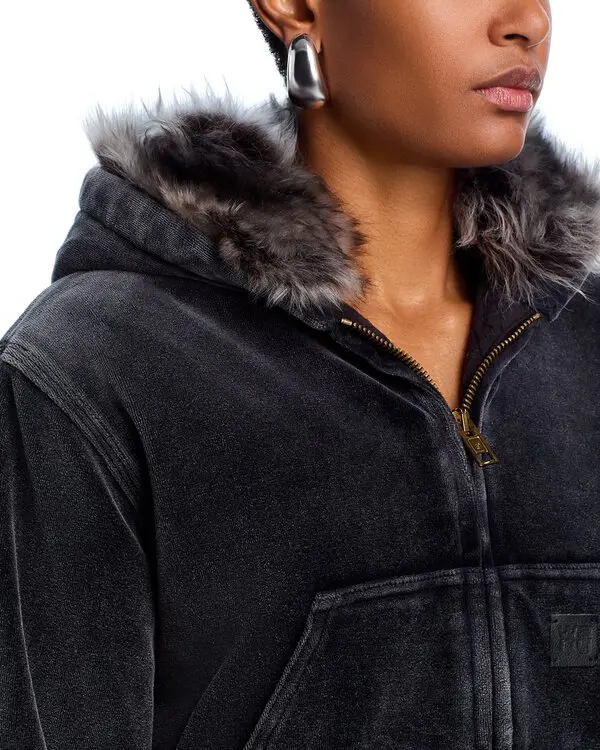 Alexander Wang T Faux Fur Trim Cropped Hoodie In Washed Slate - 75